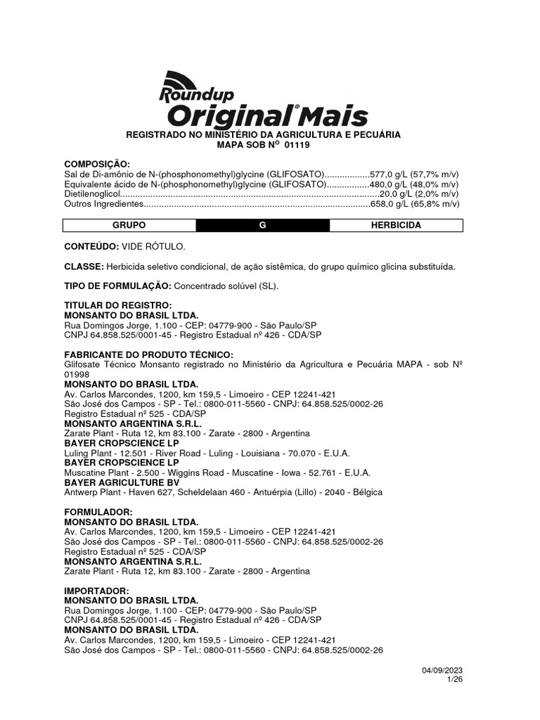 ROUNDUP ORIGINAL MAIS BULA Ver07112023pdf | PDF | Agricultura | Cana de ...