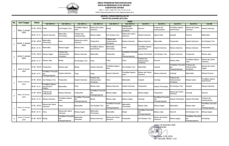 Jadwal Pengayaan Kelas XII 2023-2024 | PDF