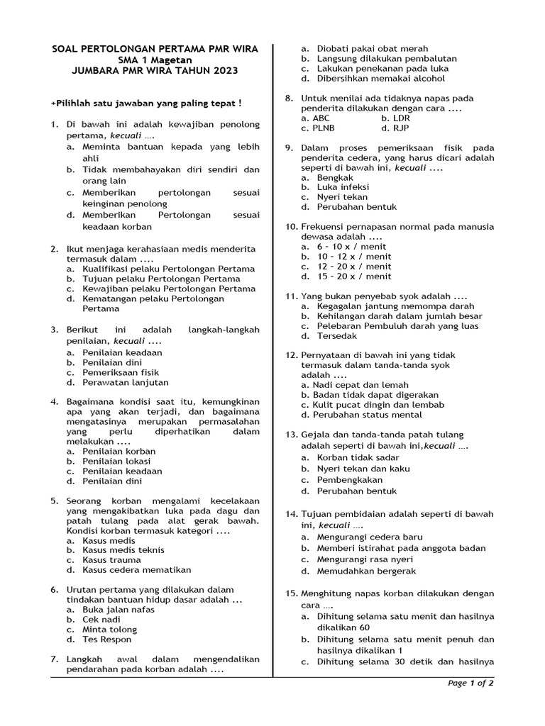 Soal Pertolongan Pertama Pmr Wira Pmi Ka Pdf