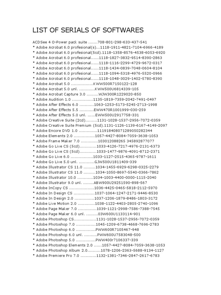 LIST OF SERIALS OF SOFTWARES Keys | PDF | Adobe Creative Suite ...