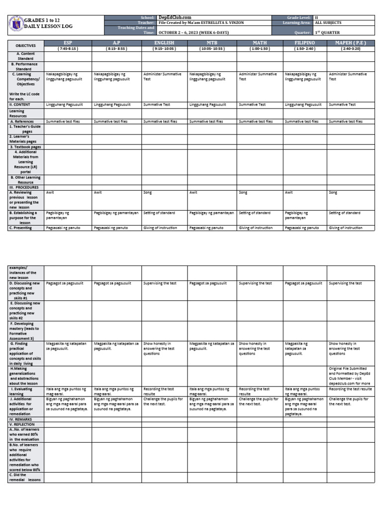 DLL All-Subjects-2 Q1 W6 D5 | PDF | Cognitive Science | Pedagogy