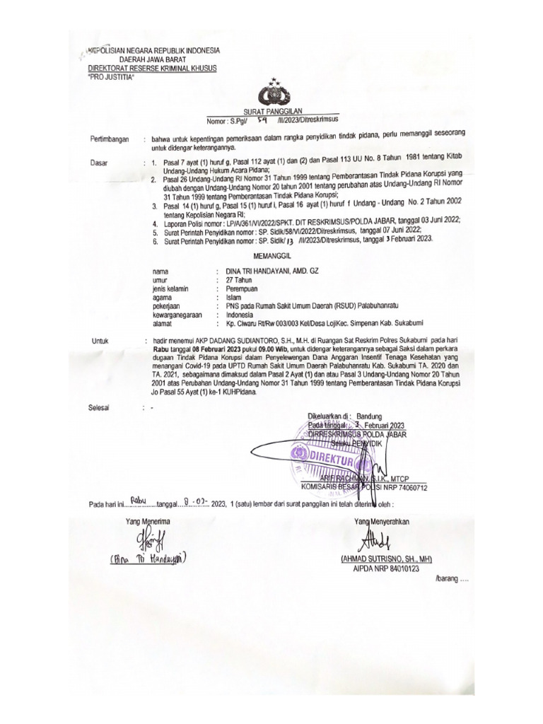 Surat Panggilan Dina Tri Handayani: Polres | PDF