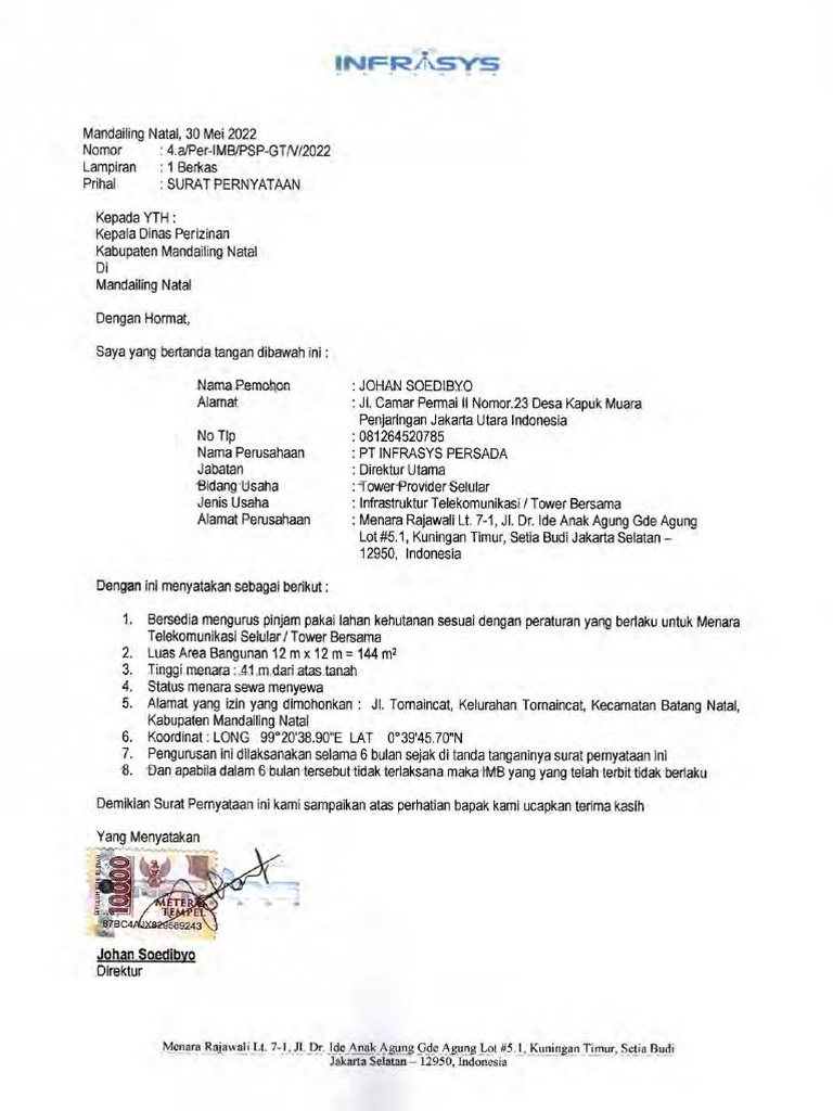 Surat Pernyataan Urus Imb Tower Site Tornaincat - R2 | PDF