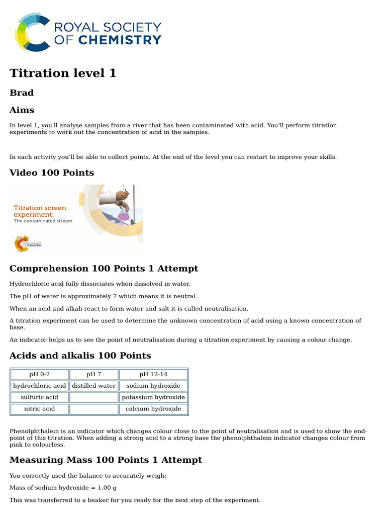 Titration Level 1 Labnotebook | PDF | Chemistry | Titration