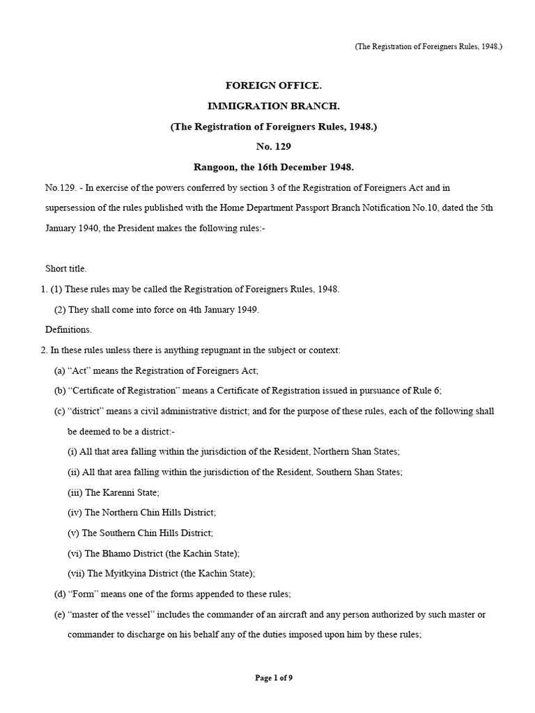 The Registration of Foreigners Rules, 1948. | Download Free PDF | Identity Document | Travel Visa
