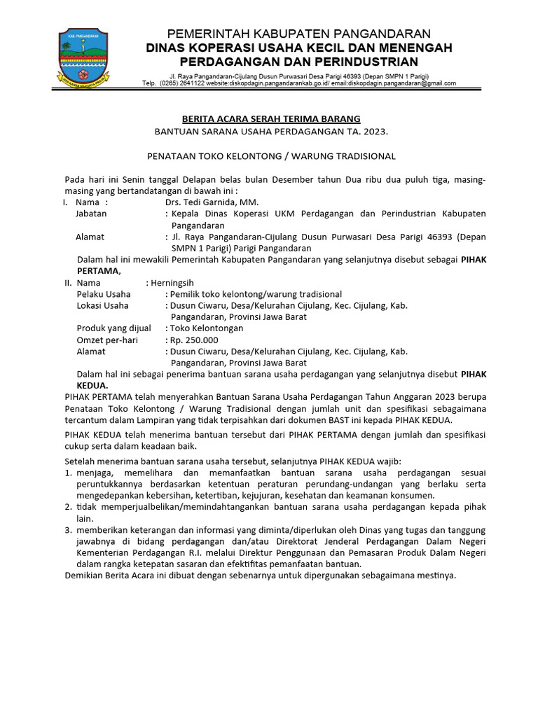 Template Ba Serah Terima Dinas Ke Pemilik Warung Dan Surat Pernyataan Bast_warung 2023 ...