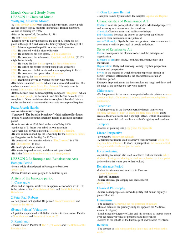 Mapeh Quarter 2 Study Notes | PDF | Art | Classics