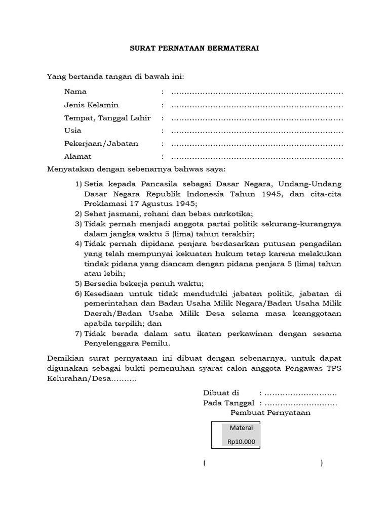 Form Surat Pernyataan Bermaterai | PDF