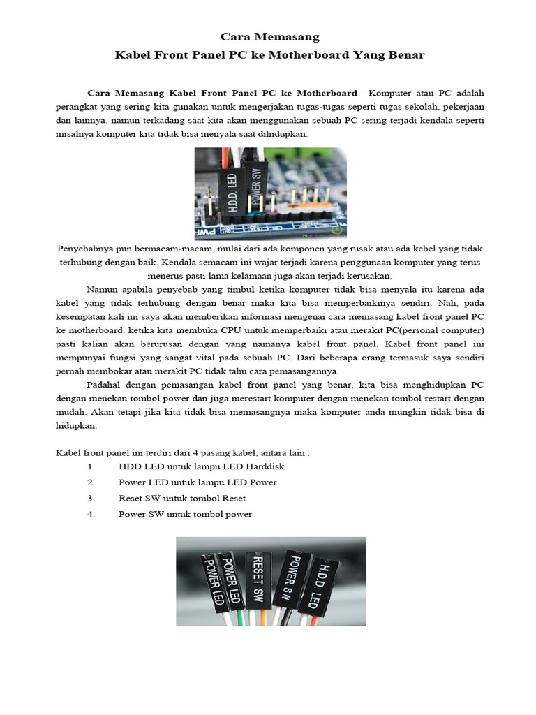 Cara Memasang Kabel Front Panel Casing Ke Motherboard | PDF