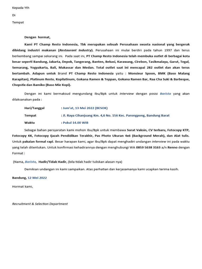 Surat Undangan Interview Bandung | PDF