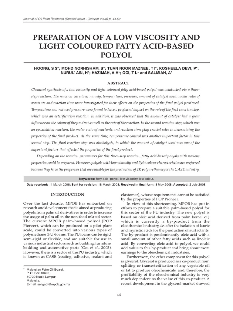 Preparation of Low Viscosity and Light Coloured Palm Fatty Acid Based ...