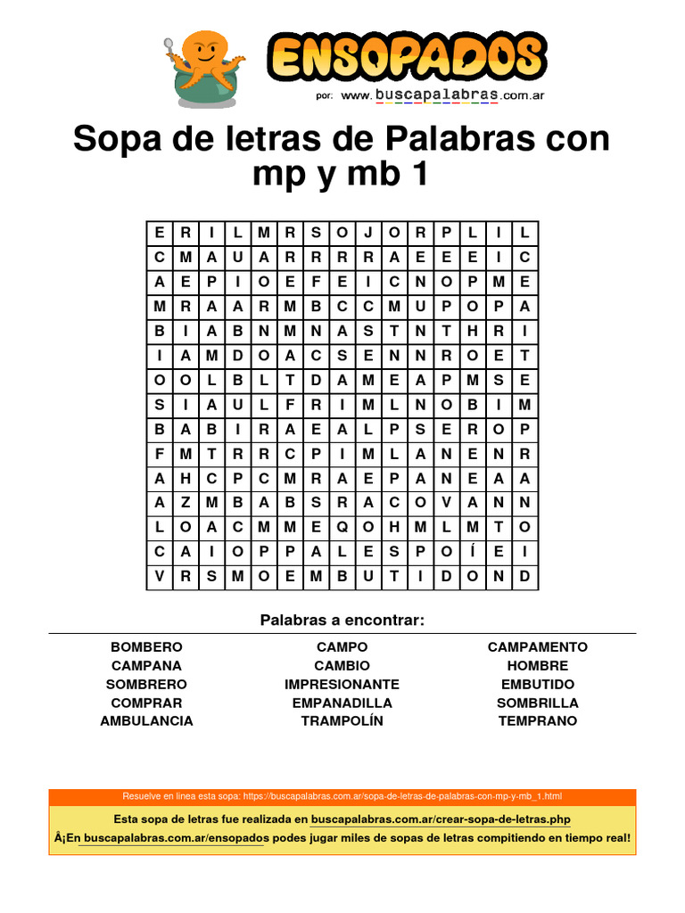 Sopa de Letras de Palabras Con MP y MB 1 | PDF