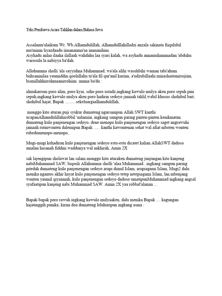 Teks Pembawa Acara Tahlilan Dalam Bahasa Jawa | PDF | Kajian Bahasa Asing