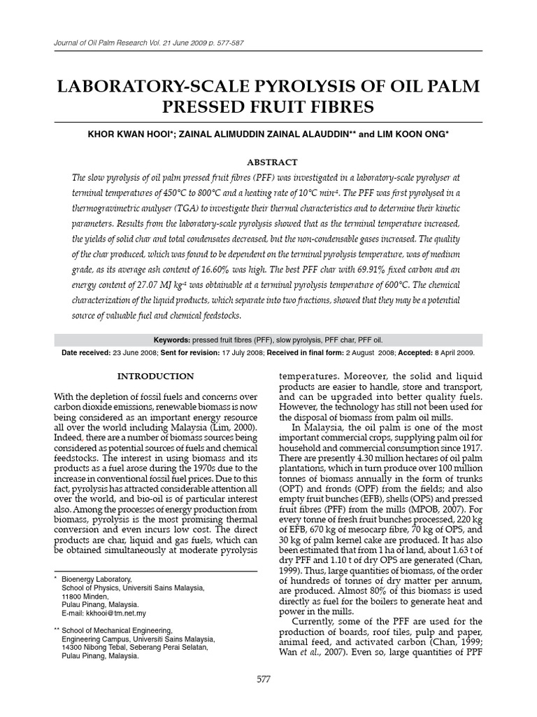 Lab Scale Pyrolysis of Oil Palm Fruit Fibres | PDF