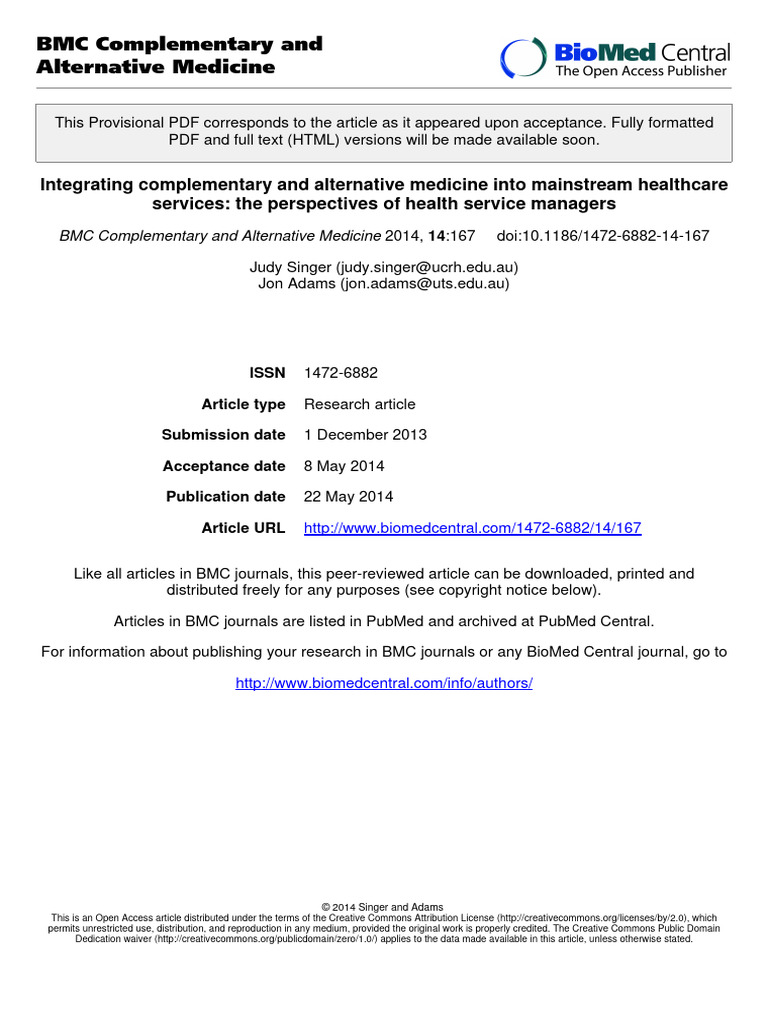 Singer, Judy Integrating Complementary and Alternative Medicine Into ... Singer, Judy Integrating Complementary and Alternative Medicine Into ...