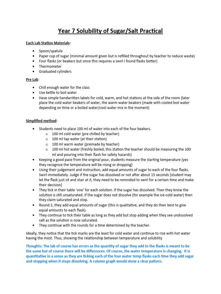 Year 7 Solubility of Sugar Practical | PDF | Solubility | Water