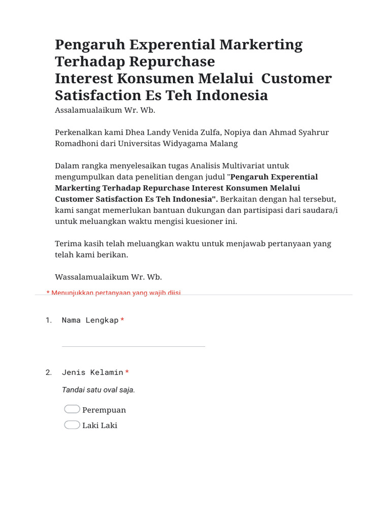Pengaruh Experential Markerting Terhadap Repurchase Interest Konsumen Melalui Customer ...