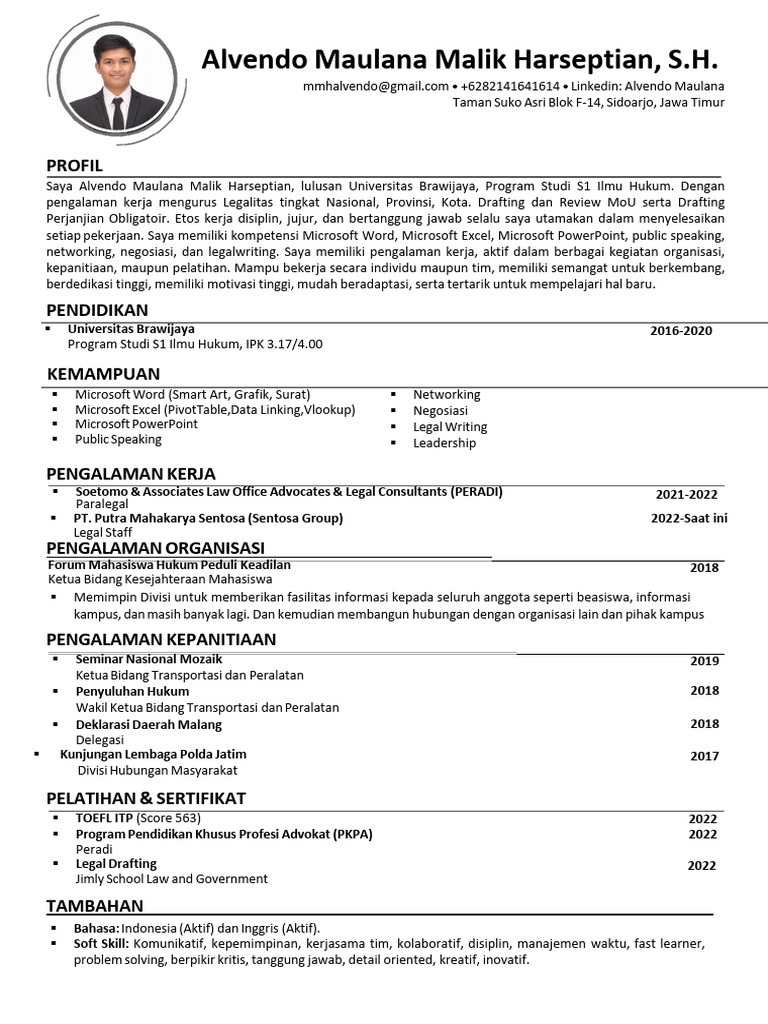 CV + Resume Kerja - Alvendo Maulana Malik Harseptian | PDF