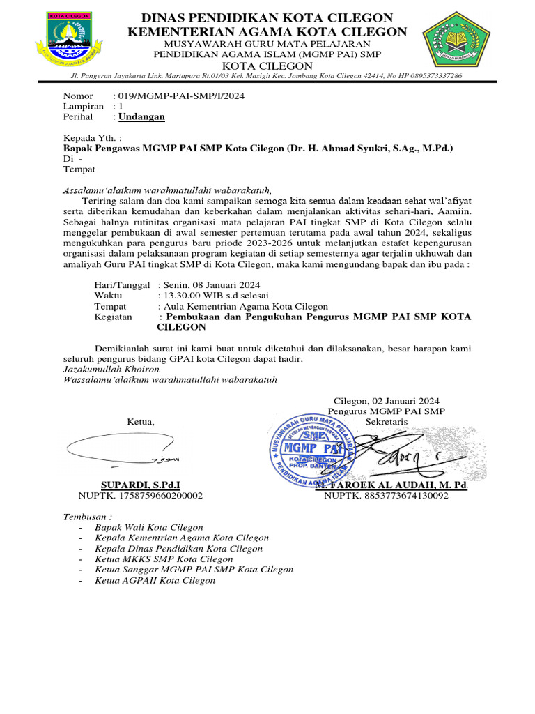 Undangan Pembukaan MGMP PAI SMP Cilegon | PDF