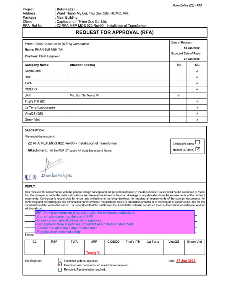 Z2.RFA - MEP.MOS.022.Rev00 - Installation of Transformer-JRP Approved | PDF