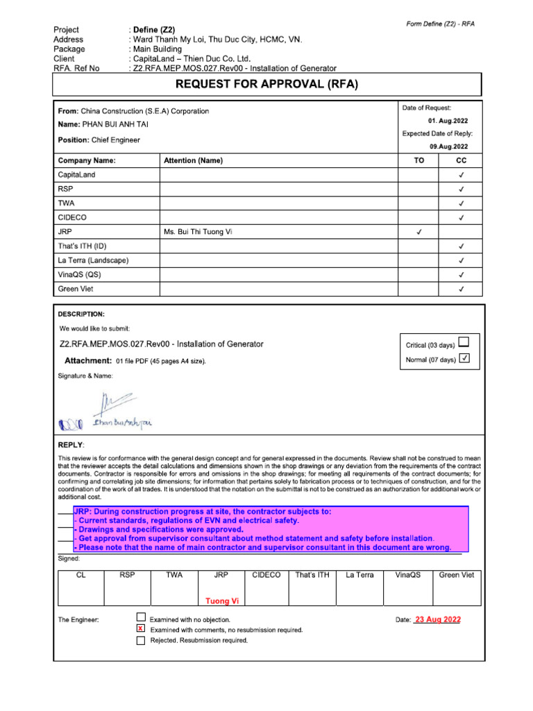 Z2.RFA - MEP.MOS.027.Rev00 - Installation of Generator-JRP Approved | PDF
