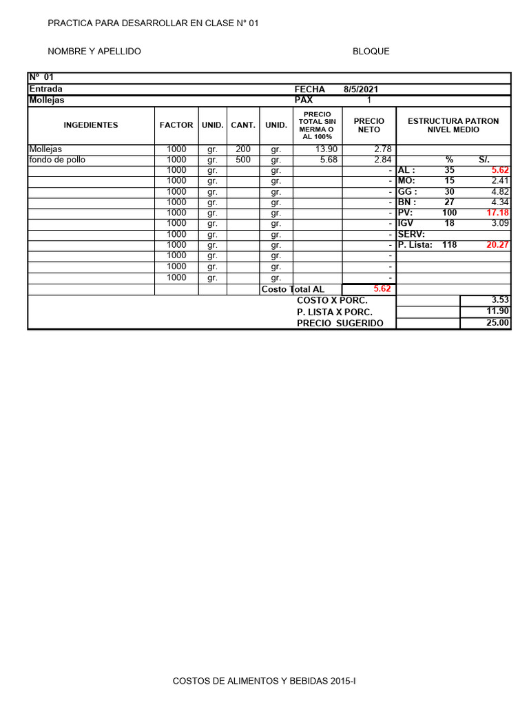 Formato para Costeo | PDF | Cocina asiática | Preparación de comida y ...