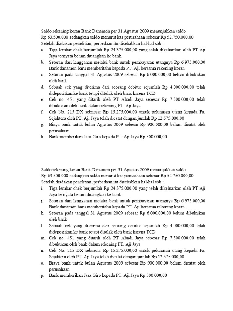 Saldo Rekening Koran Bank Danamon Per 31 Agustus 2009 Menunjukkan Saldo ...