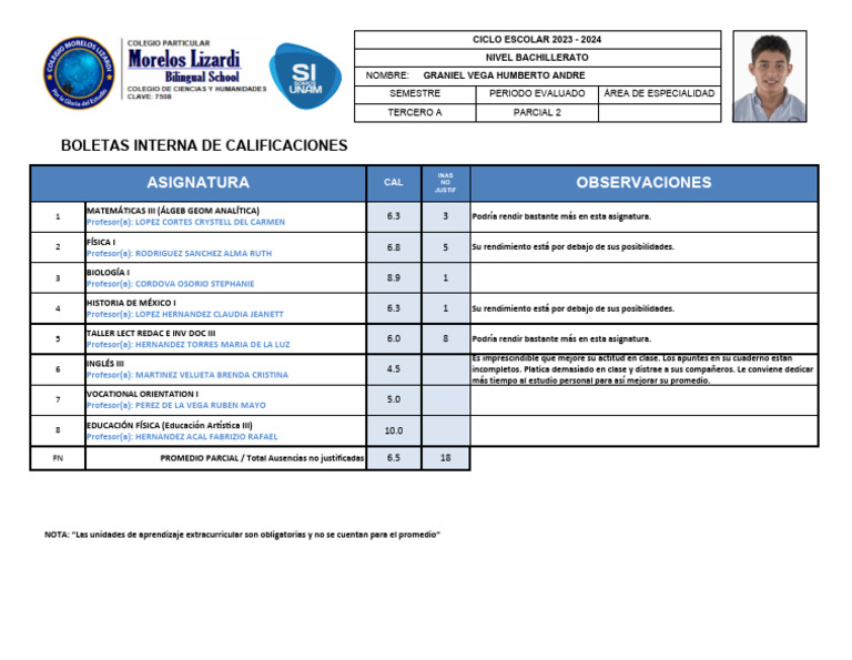 Boleta Parciales Bachillerato Morelos Lizardi 20231114 111408 | PDF ...