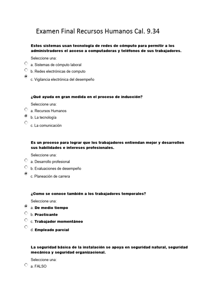 Examen Final Recursos Humanos | PDF