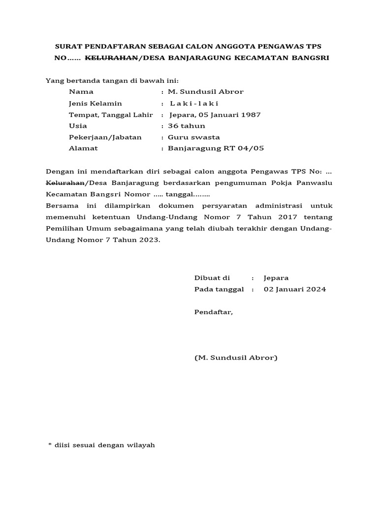 Formulir Pendaftaran Calon Pengawas Tps. | PDF