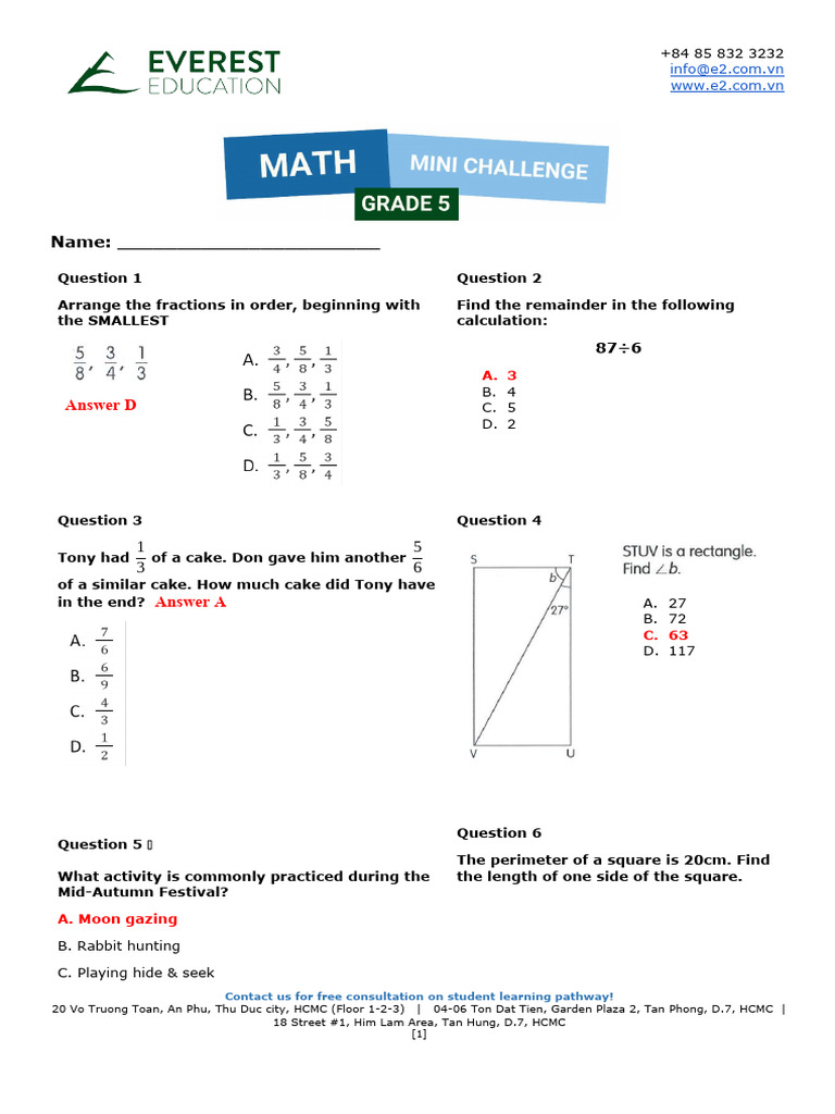F5 - Math Mini Challenge - Quiz | PDF | Drink