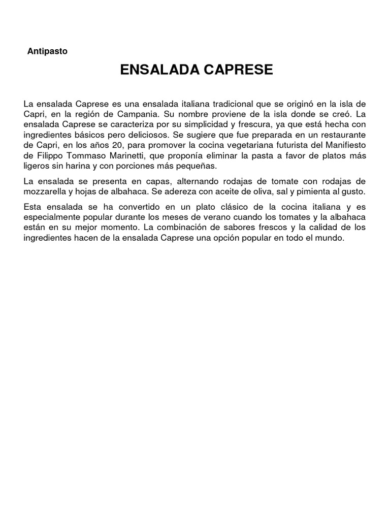 Recetas Clásicas: Caprese y Crostata | PDF | ensalada | Cocina italiana