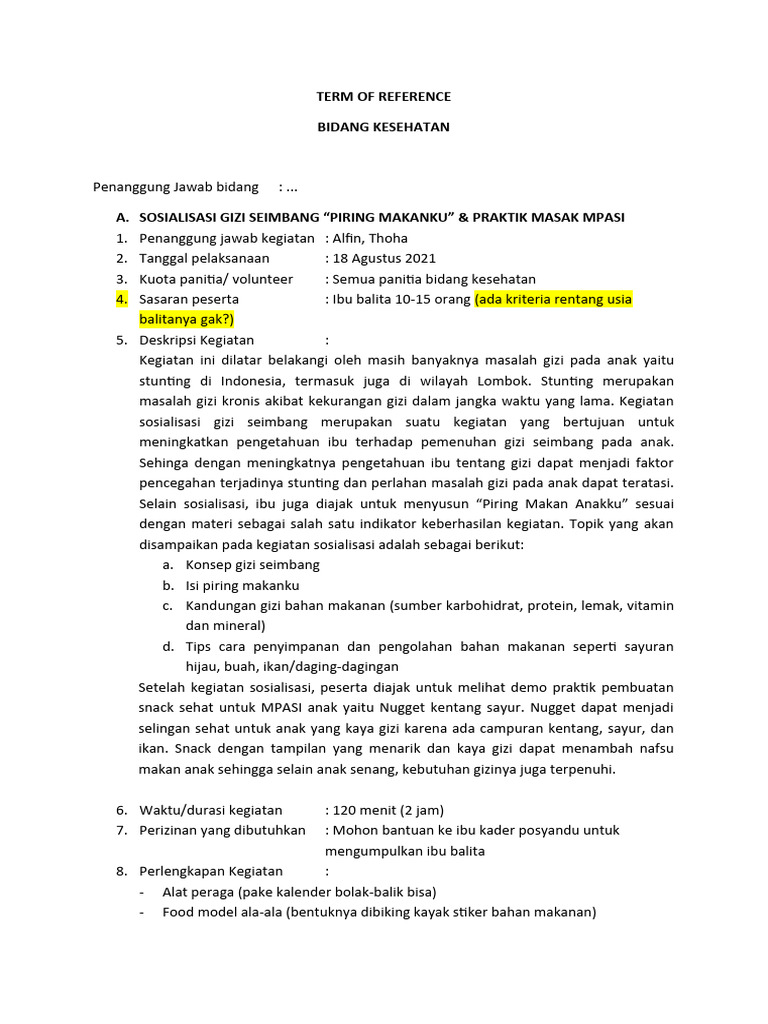 (Contoh) TOR KEGIATAN SOS GIZI DAN MPASI | PDF