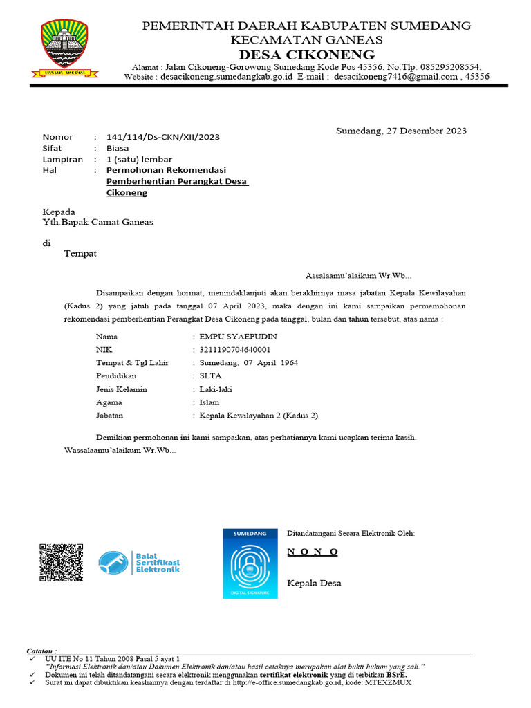 Permohonan Pemberhentian Kadus 2 | PDF