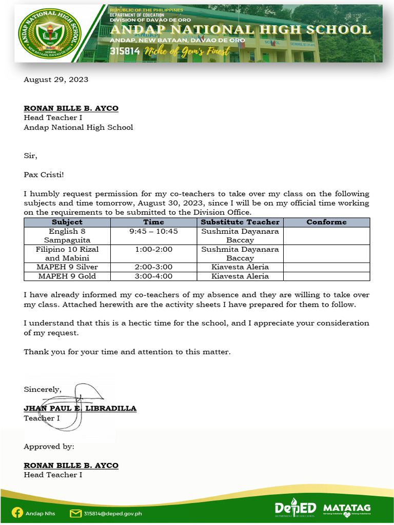 Letter For Teacher Substitution | PDF | Baroque Music | Performing Arts