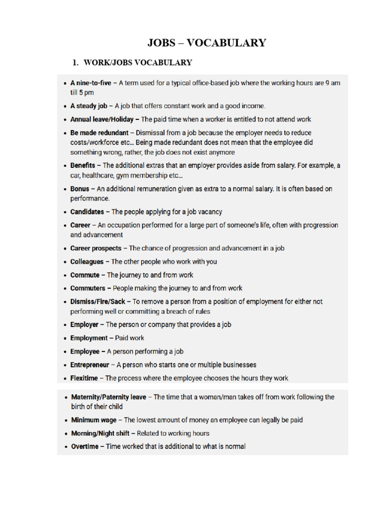 Vocabulary For Work & Jobs | PDF