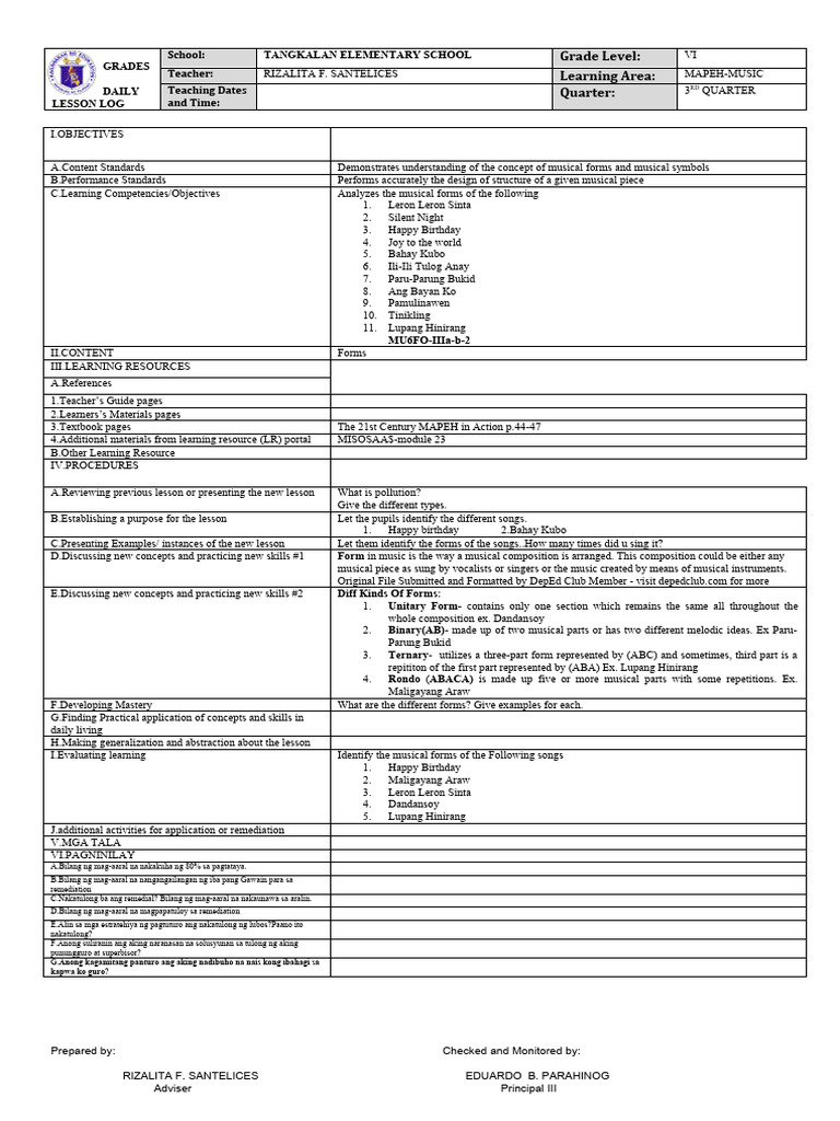 DLL - Mapeh Music 6 q3 Laly Day 1 | PDF | Cognitive Science | Behavior Modification