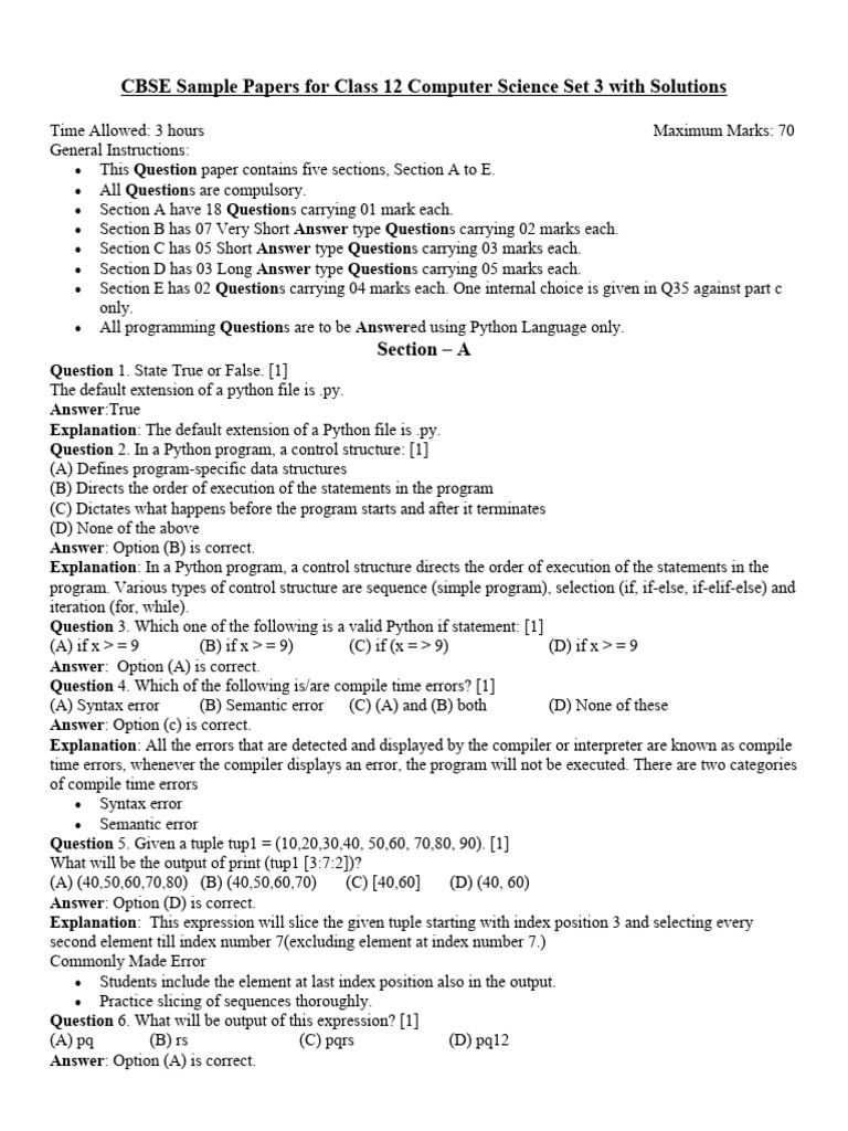 Class 12 Computer Science Set 3 With Solutions | PDF | Control Flow ... Class 12 Computer Science Set 3 With Solutions | PDF | Control Flow ...