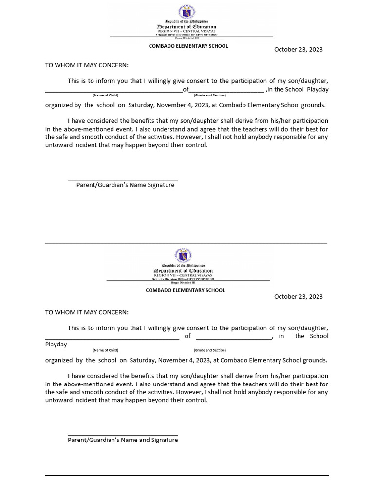 Parents Consent Playday | PDF | Kinship And Descent | Parenting