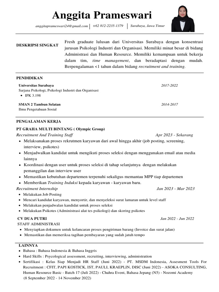 Anggita Prameswari HUMAN CAPITAL STAFF Resume | PDF | Karier & Perkembangan