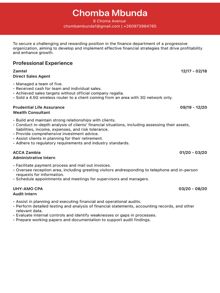 Chomba Mbunda CV | Download Free PDF | Audit | Accounting