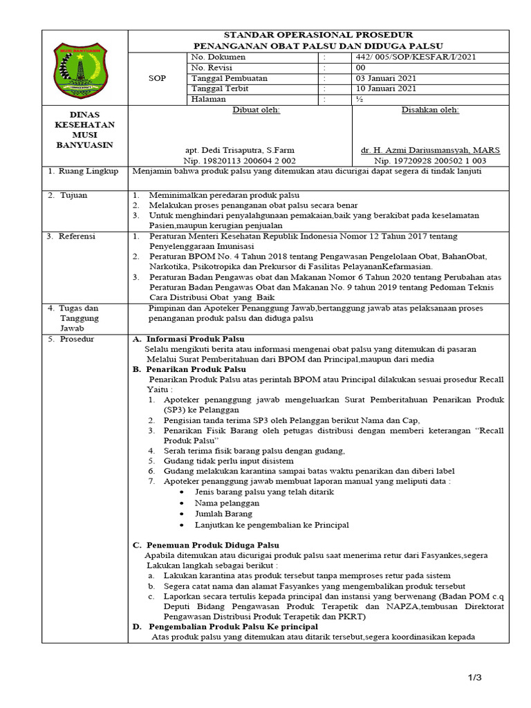 SOP Penanganan Obat Palsu Dan Diduga Palsu | PDF | Kesehatan Holistik
