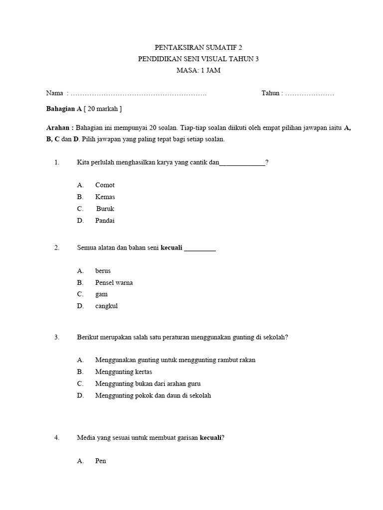 Kertas Pentaksiran Sumatif 2 PSV Tahun 3 | PDF