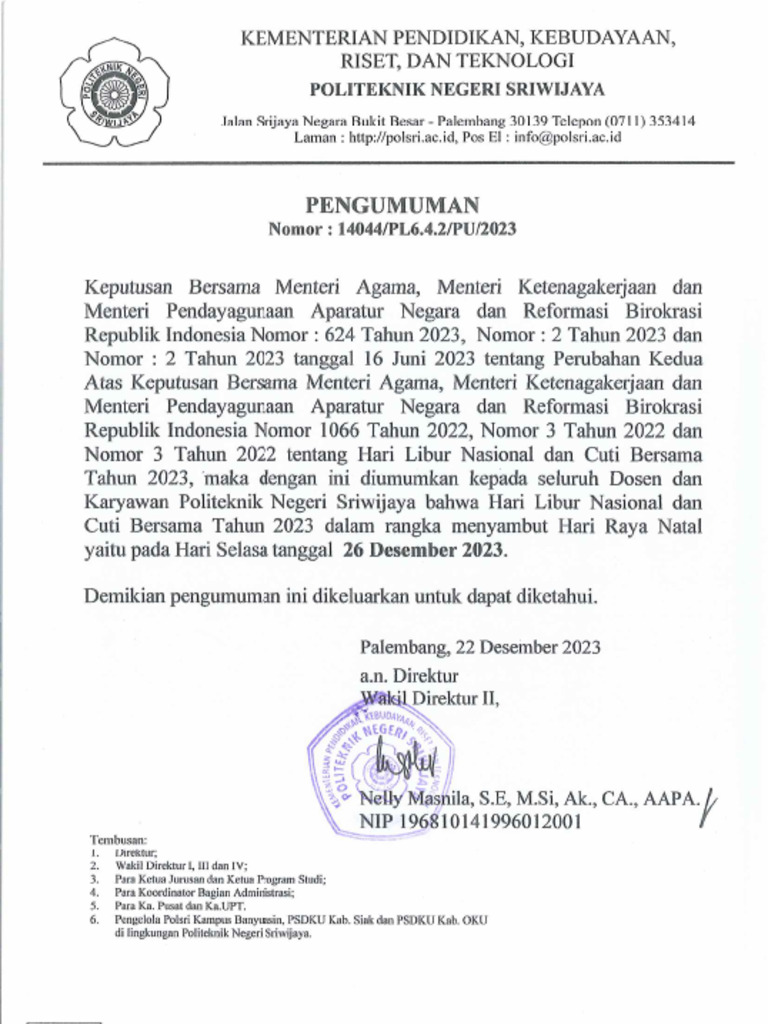 Pengumuman Cuti Bersama Hari Raya Natal 2023 | PDF