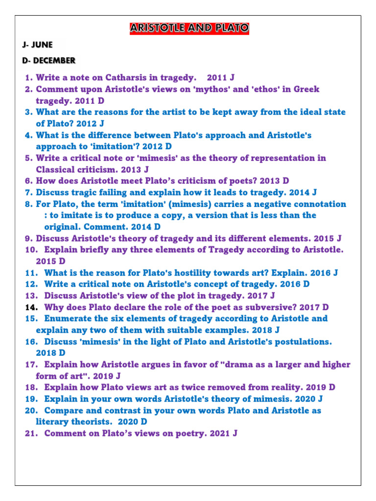 ARISTOTLE AND PLATO QUESTIONS | PDF