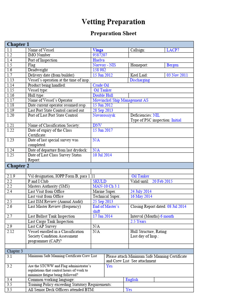 Vessel Vetting Preparation Sheet | PDF | Ships | Crane (Machine)