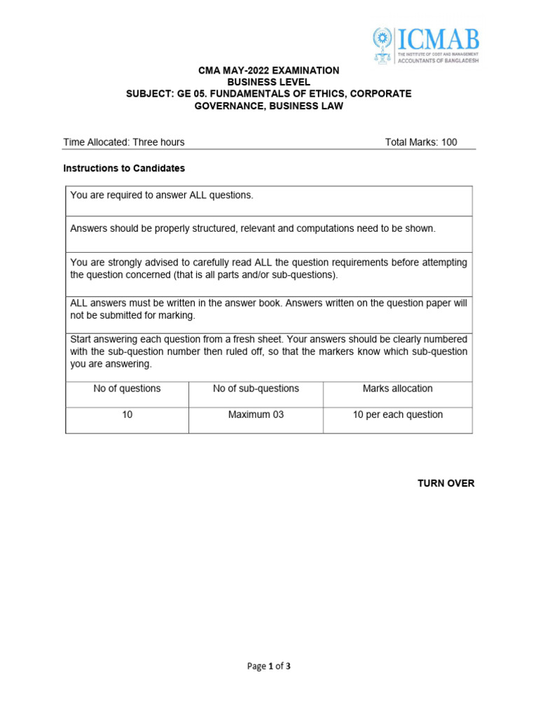 GE-05.ECGBLB.L-Question-CMA-May-2022-Examination | PDF | Governance | Corporate Governance
