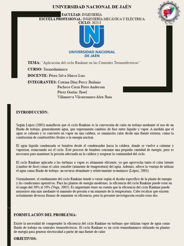 GRUPO N°03 Exposición de Proyecto Termodinámica1 | PDF | Vapor | Generación eléctrica