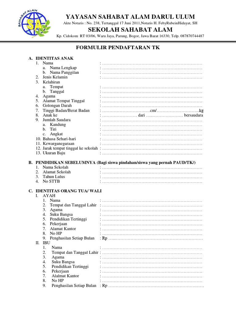 Formulir Pendaftaran TK | PDF