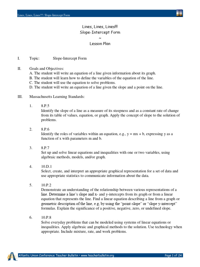 Slope-Intercept Form Lesson Plan | PDF | Teaching Methods & Materials
